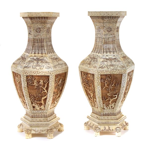 Bonhams : A pair of Chinese bone veneered panelled baluster vases on stands