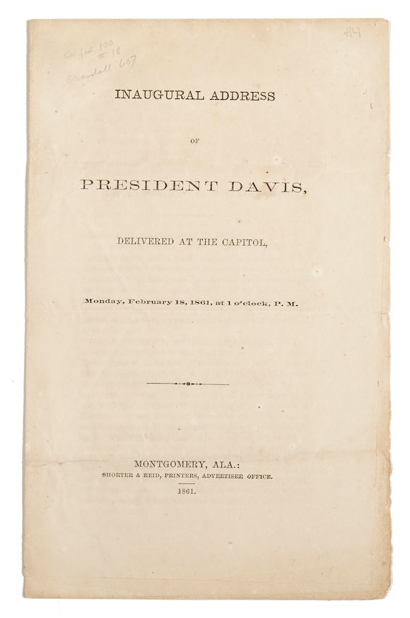Bonhams : CONFEDERATE STATES OF AMERICA. Inaugural Address of President ...