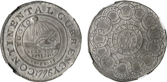 Bonhams : 1776 Continental Dollar, CURRENCY, Pewter, EG FECIT MS63 NGC