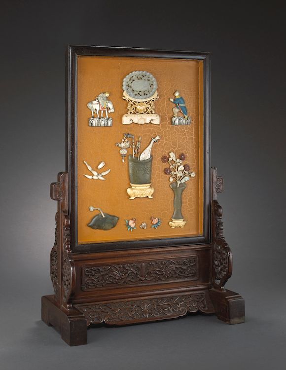 Bonhams : A lacquered and pieced wood table screen mounted with jade ...