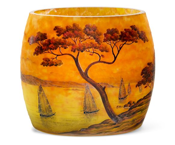 Bonhams : A Daum Nancy enameled cameo glass lake landscape vase circa 1900