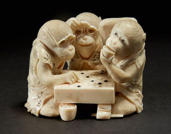 Bonhams : An ivory model of three monkeys By Masatoshi, Meiji period ...
