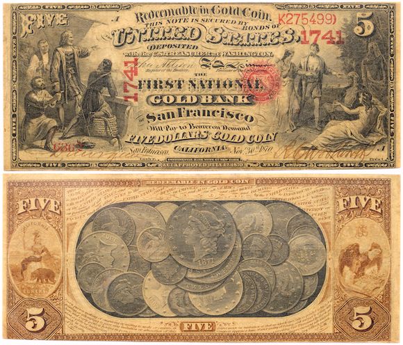 Bonhams : Fr. 1136, $5 Series 1870 National Gold Bank Note, First ...