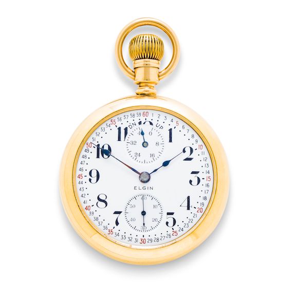 Bonhams : Elgin. A fine 14K gold railroad watch with winding ...