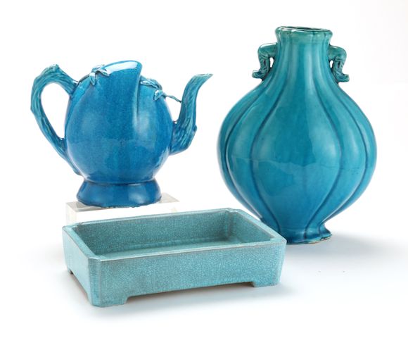 Bonhams : Three monochrome blue glazed containers