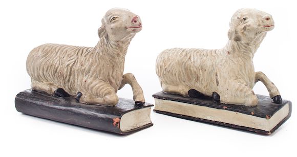 Bonhams : A pair of English chalkware sheep form bookends 19th century