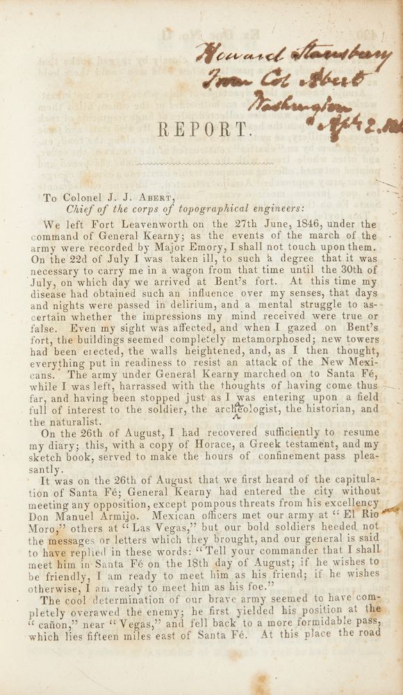 Bonhams : ABERT, JAMES WILLIAM. 1820-1897. Report of Lieut. J.W. Abert ...