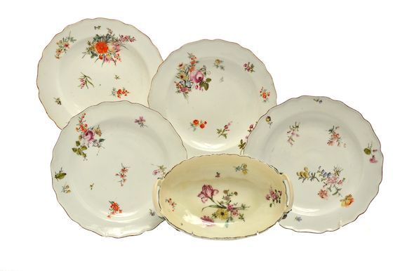Bonhams : Four Chelsea plates and a Chelsea porcelain basket 1750-1760