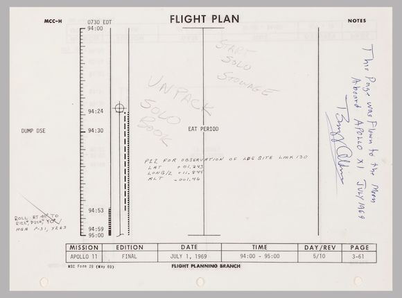 Bonhams : APOLLO 11 FLIGHT PLAN SHEET CARRIED ON AND USED DURING THE ...
