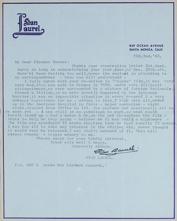 Bonhams : A Stan Laurel typed letter signed