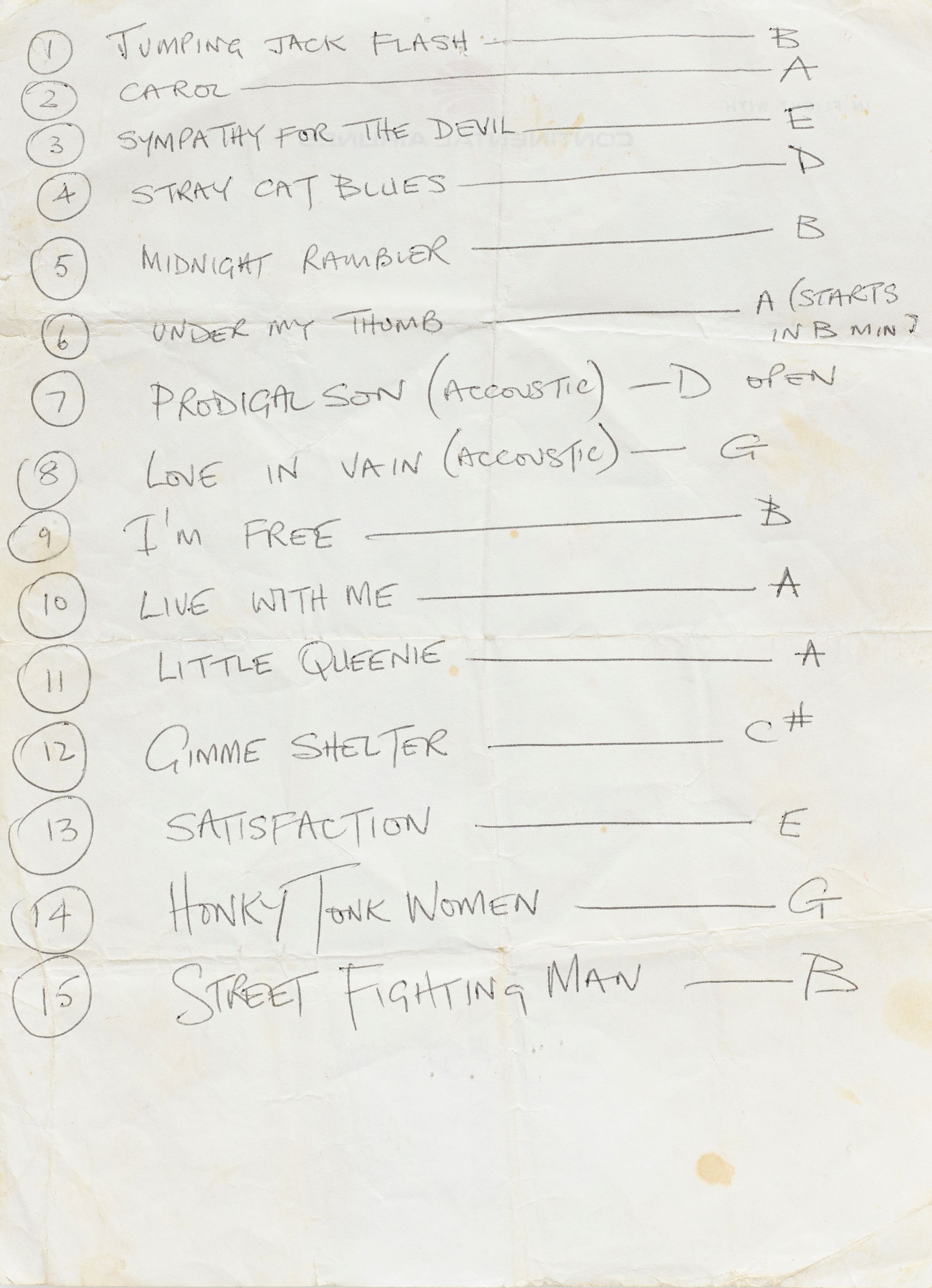 Bonhams : A Mick Jagger handwritten set list