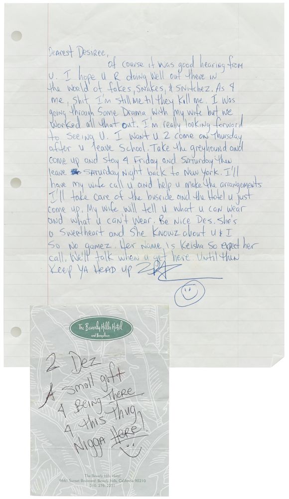 Bonhams : A Tupac Shakur handwritten letter and note