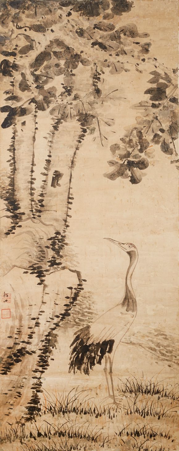 Bonhams : Zhang Wentao (1764-1814) Crane and Wutong Tree