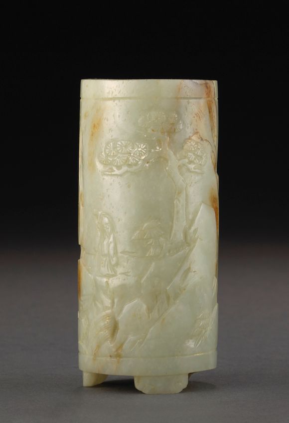 Bonhams : A small carved jade brush holder