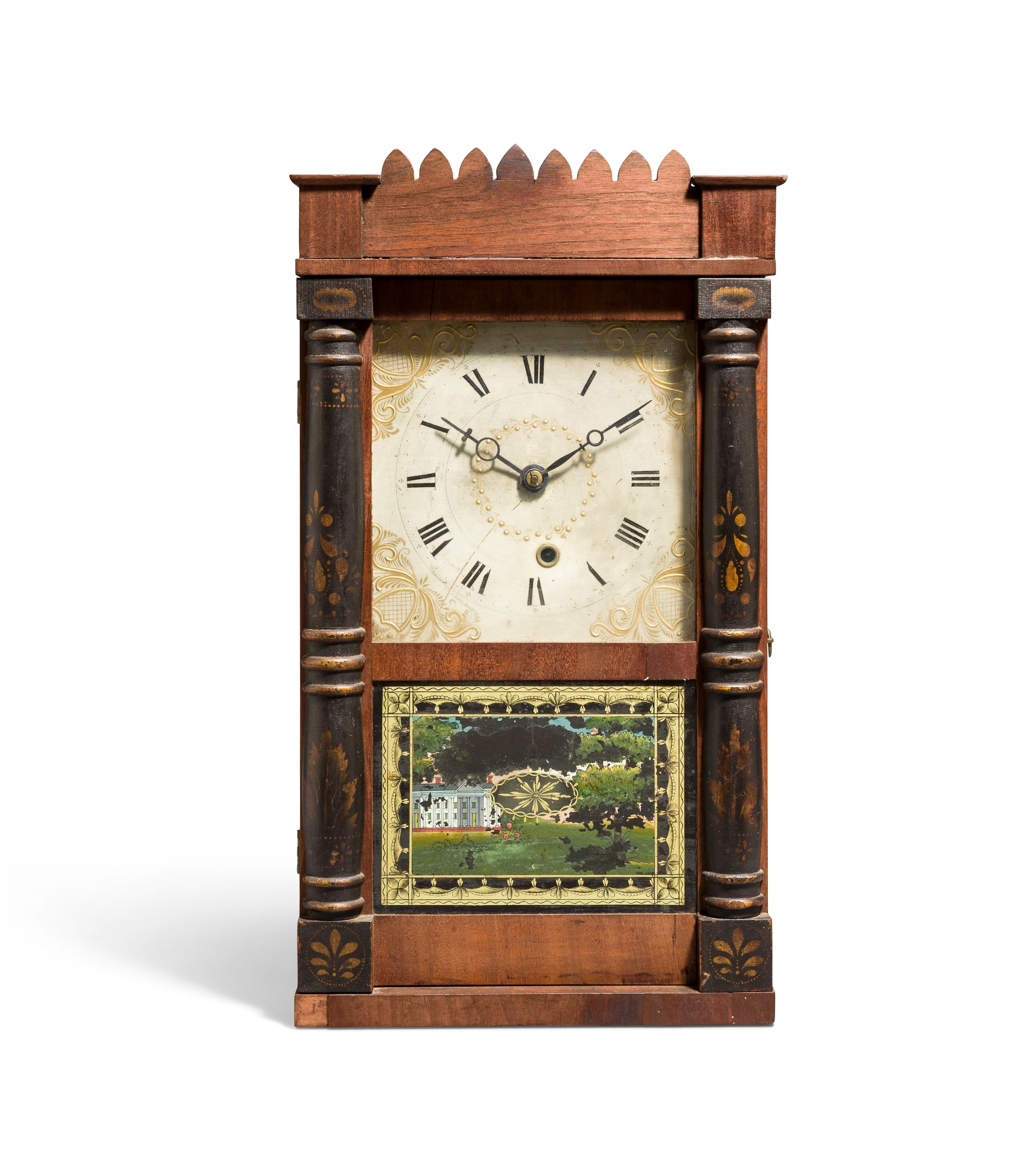 Bonhams : A miniature mahogany shelf clock with painted and stenciled ...