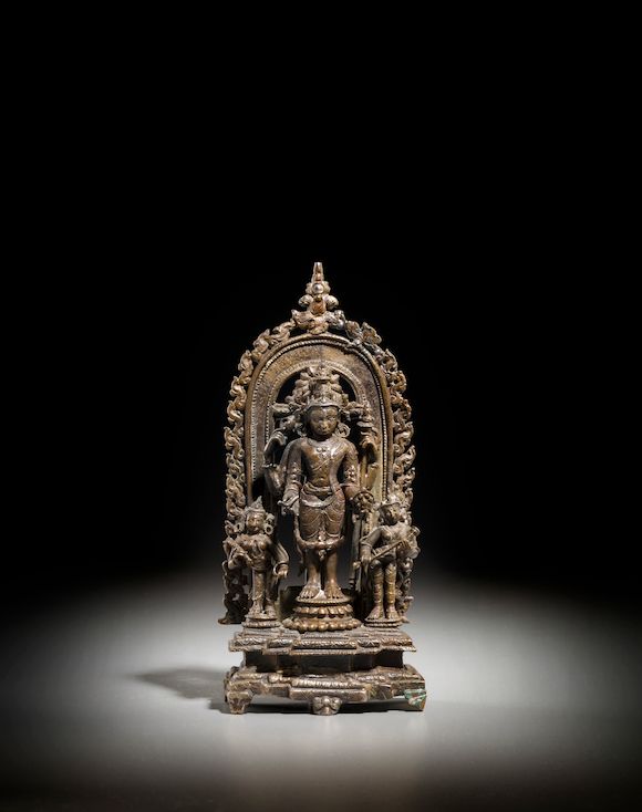 Bonhams : A silver and copper inlaid copper alloy shrine of Vishnu ...