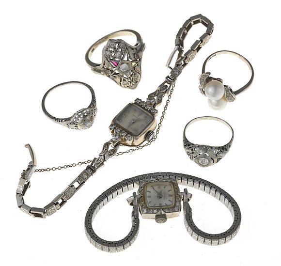 Bonhams : Two diamond, 14k white gold and later metal strap watches ...
