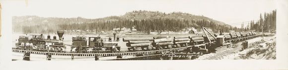 Bonhams : CALIFORNIA LOGGING. Panoramic photograph of a log train, 7 1/ ...