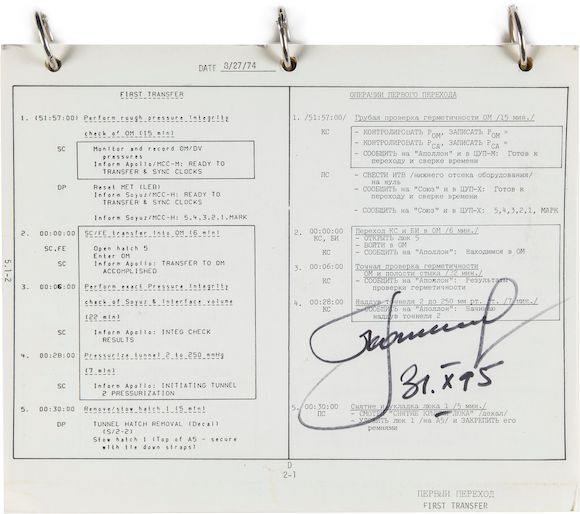 Bonhams : SIGNED BY LEONOV—ASTP DOCKING MODULE CHECKLIST Training Docking Module Checklist ...
