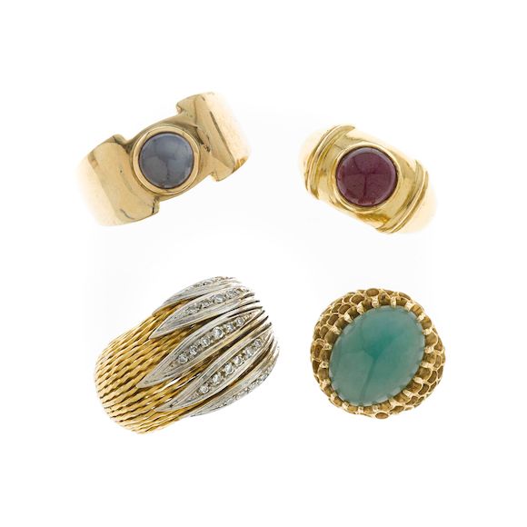 Bonhams : A group of four gem-set, diamond, 14K and 18K gold rings