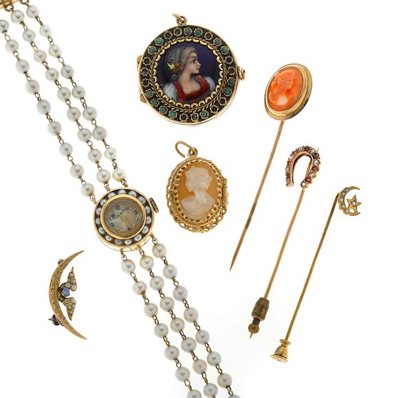 Bonhams : A collection of enamel, stone, 14K gold and metal jewelry