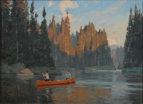 Bonhams : Eric Riordon (Canadian, 1906-1948) A lake scene with with two ...