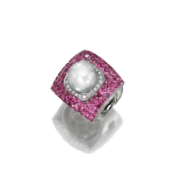 Bonhams : A pink sapphire, diamond and cultured pearl ring, Nini