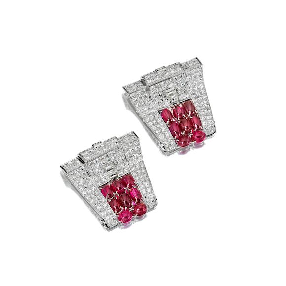 Bonhams : A pair of diamond and ruby clips