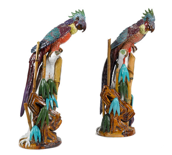 Bonhams A Pair Of Glazed Earthenware Models Of Parrots
