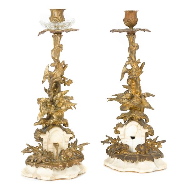 Bonhams : A pair of French gilt bronze and marble candlesticks