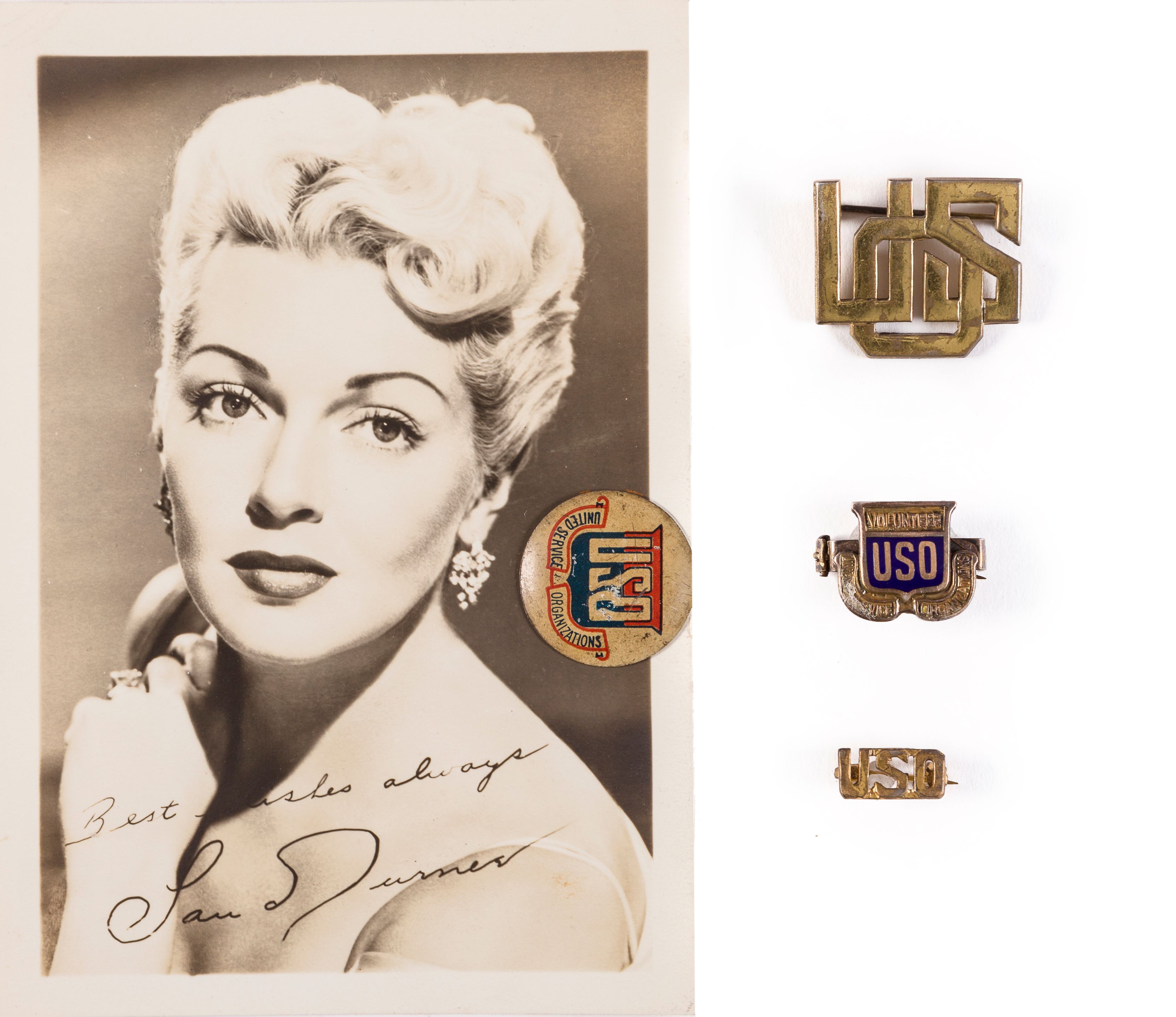 Bonhams : Four USO Pins, one Belonging to Lana Turner, with Signed ...