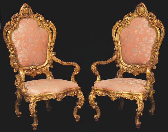 Bonhams : A pair of exuberant Venetian rococo style giltwood armchairs ...