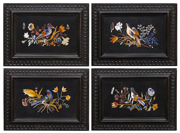 Bonhams : Set of Four Framed Gemstone Intarsia Pictures