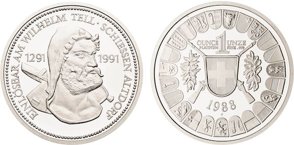 Bonhams : Switzerland, 1988 Platinum Proof Shooting Taler