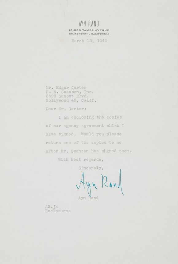 Bonhams : RAND, AYN. 1905-1982. Typed Letter Signed ("Ayn Rand"), 1 p ...