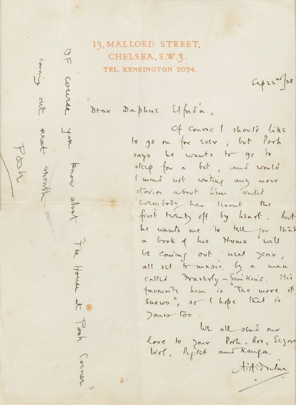 Bonhams : MILNE, ALAN ALEXANDER. 1882-1956. Autograph letter signed ("A ...