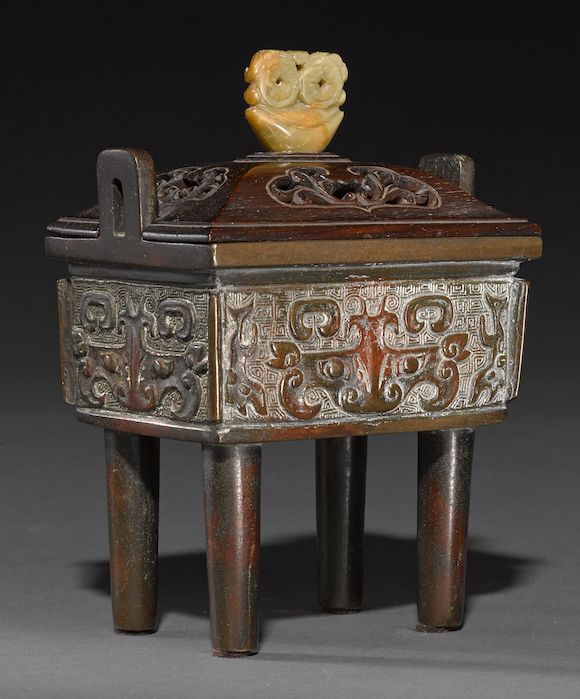 Bonhams : A small archaistic bronze censer, fang ding 18th/19th century