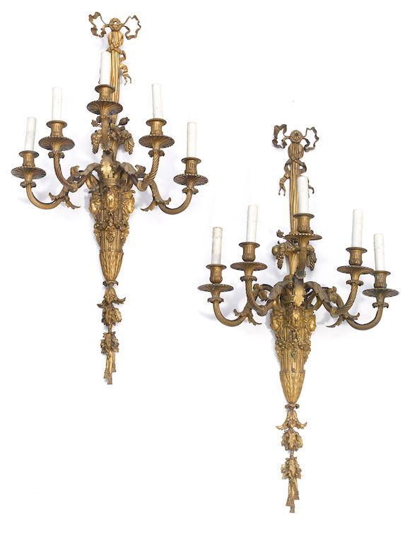 Bonhams : A pair of good quality Louis XVI style gilt bronze five light ...