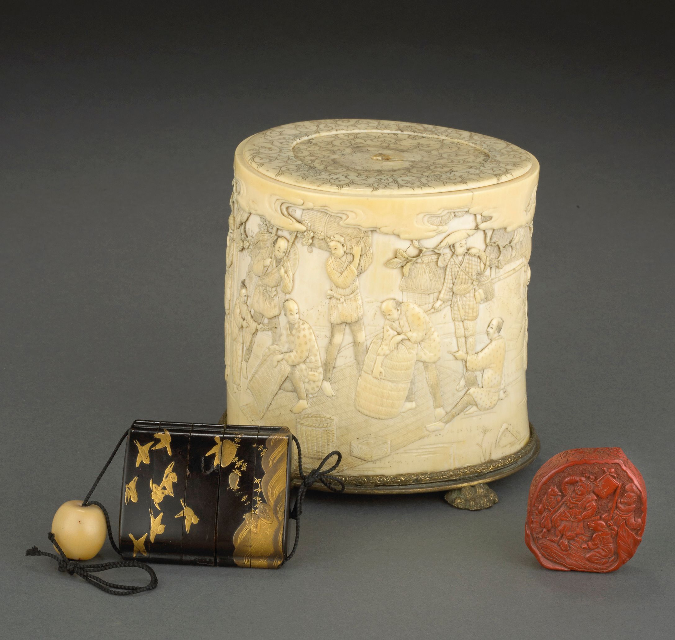 Bonhams : A carved ivory covered box Meiji era