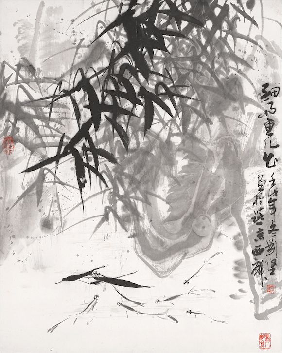 Bonhams : Liu Jian (b. 1944) Bamboo, Fish and Rocks, 1982