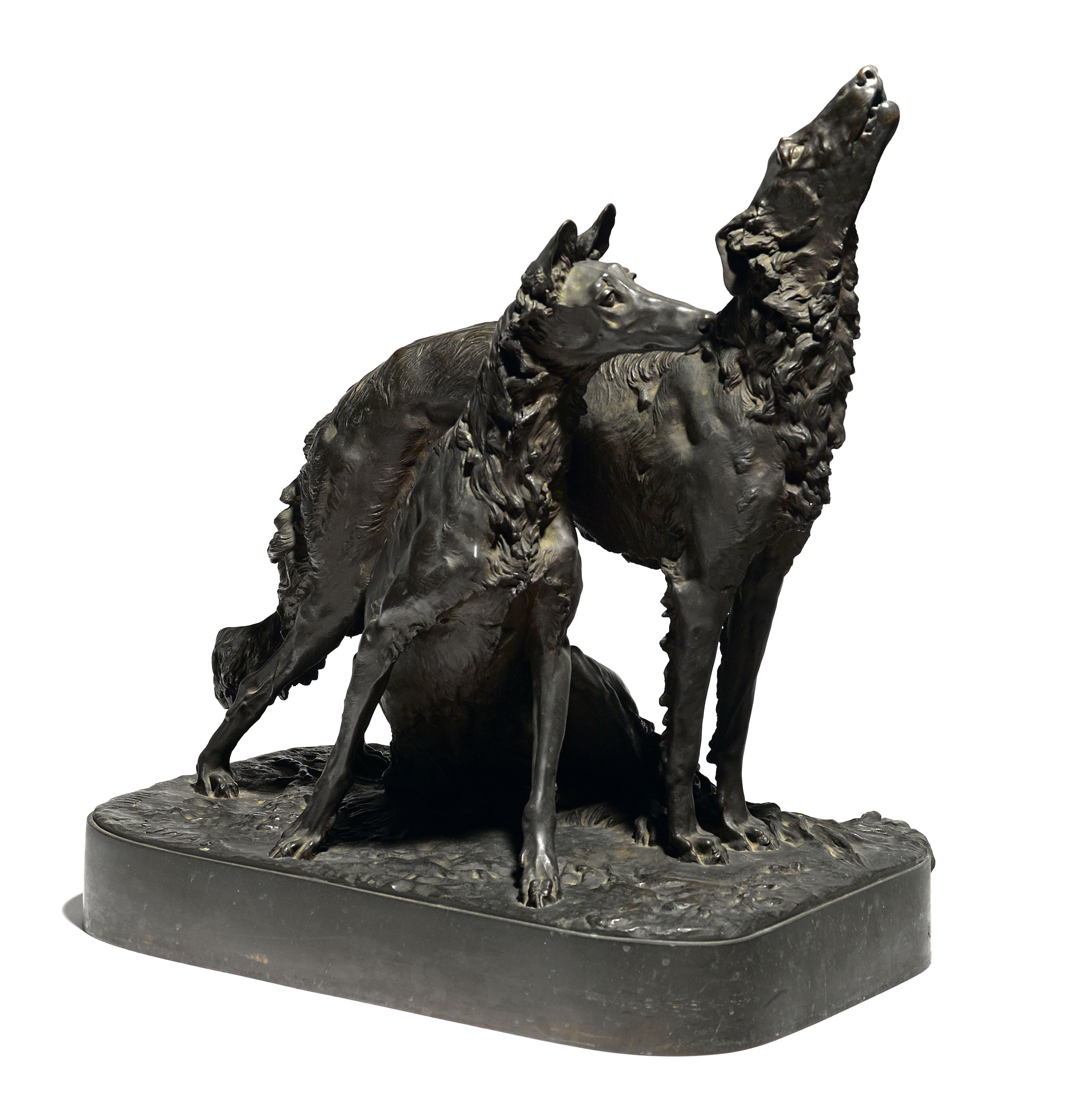 Bonhams : A French patinated bronze group of two hounds