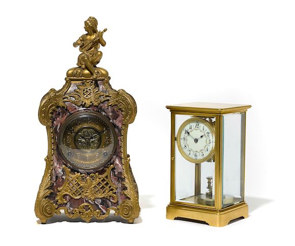 Bonhams : A Rococo style gilt metal mounted faux marble clock together ...
