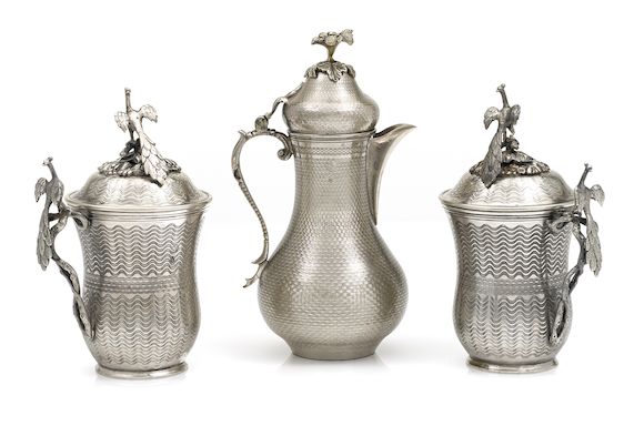 Bonhams : A pair of Ottoman silver Sahlep cups and a coffee pot bearing ...