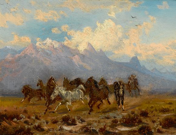 Bonhams : Peter Moran (American, 1841-1914) Wild horses beneath the ...