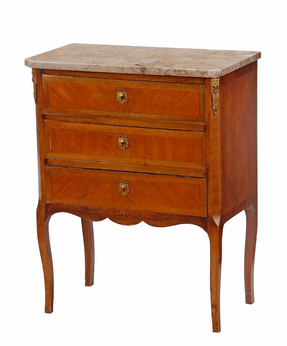 Bonhams : A Louis XV/XVI transitional style petite commode and two side ...