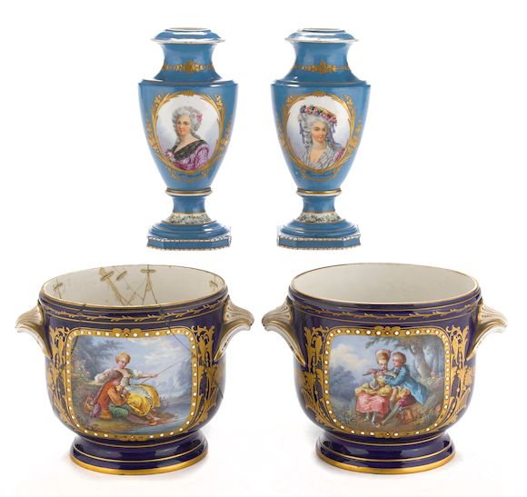 Bonhams : A pair of Sèvres style porcelain wine coolers and a pair of ...
