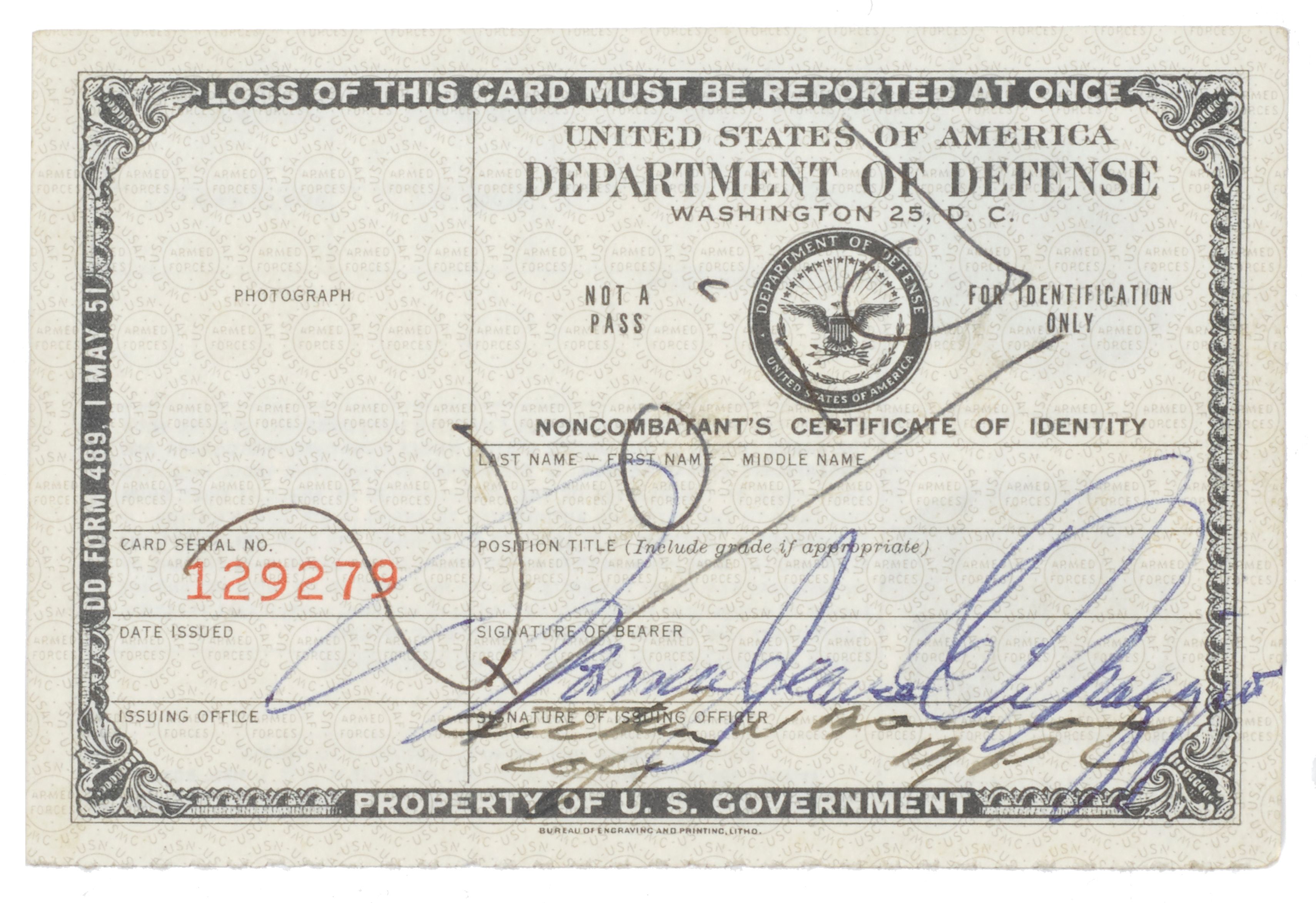 Bonhams : A Marilyn Monroe signed U.S. Dept. of Defense identification card