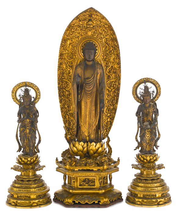 Bonhams : A gilt wood sculptural Amida triad Edo period (18th century)