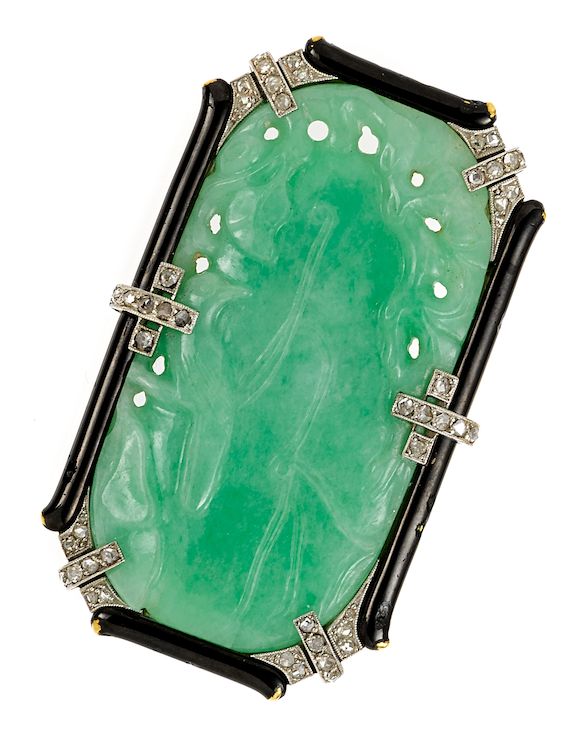 Bonhams : An Art Deco carved jadeite jade, enamel and diamond brooch ...