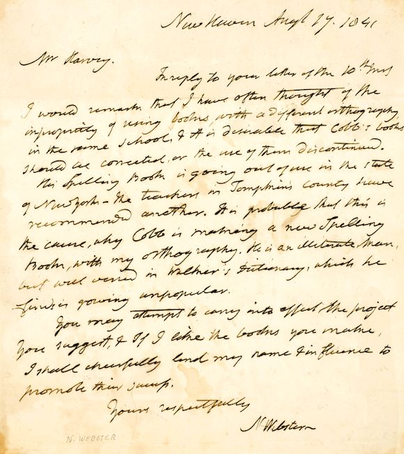 Bonhams : WEBSTER, NOAH. 1758-1843. Autograph Letter Signed ("N ...